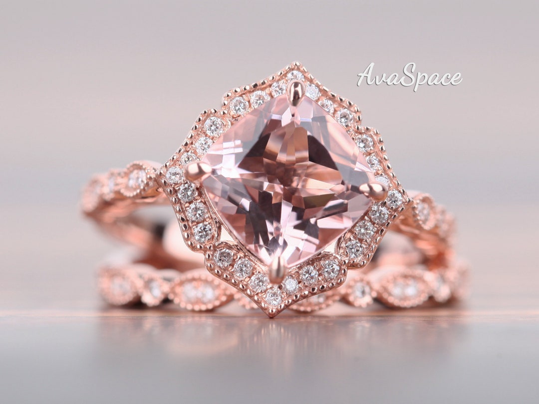 Pink Morganite Engagement Ring Set Rose Gold Vintage Cushion Cut 8mm ...