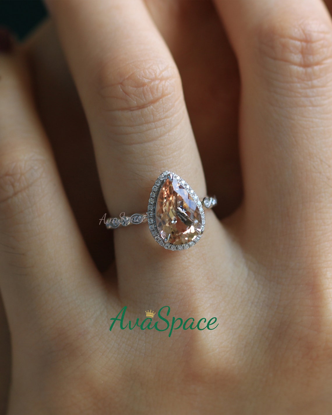 Peachy Morganite Engagement Ring Unique 14K White Gold Ring - Etsy