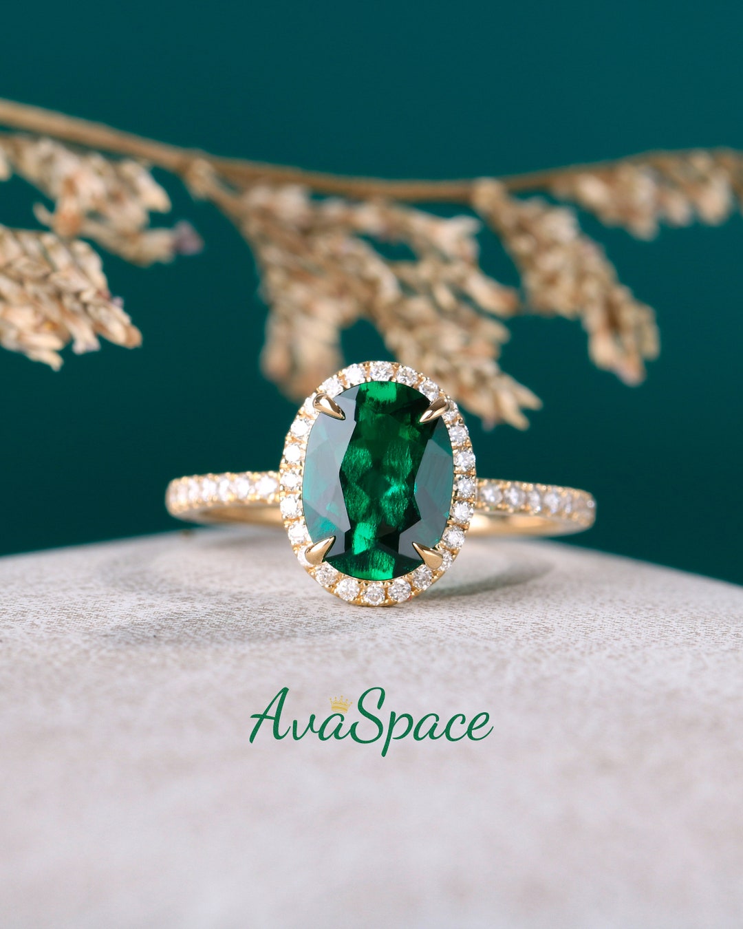 Oval Emerlad Engagement Ring 14K Yellow Gold 6x8mm Unique Lab Grown ...