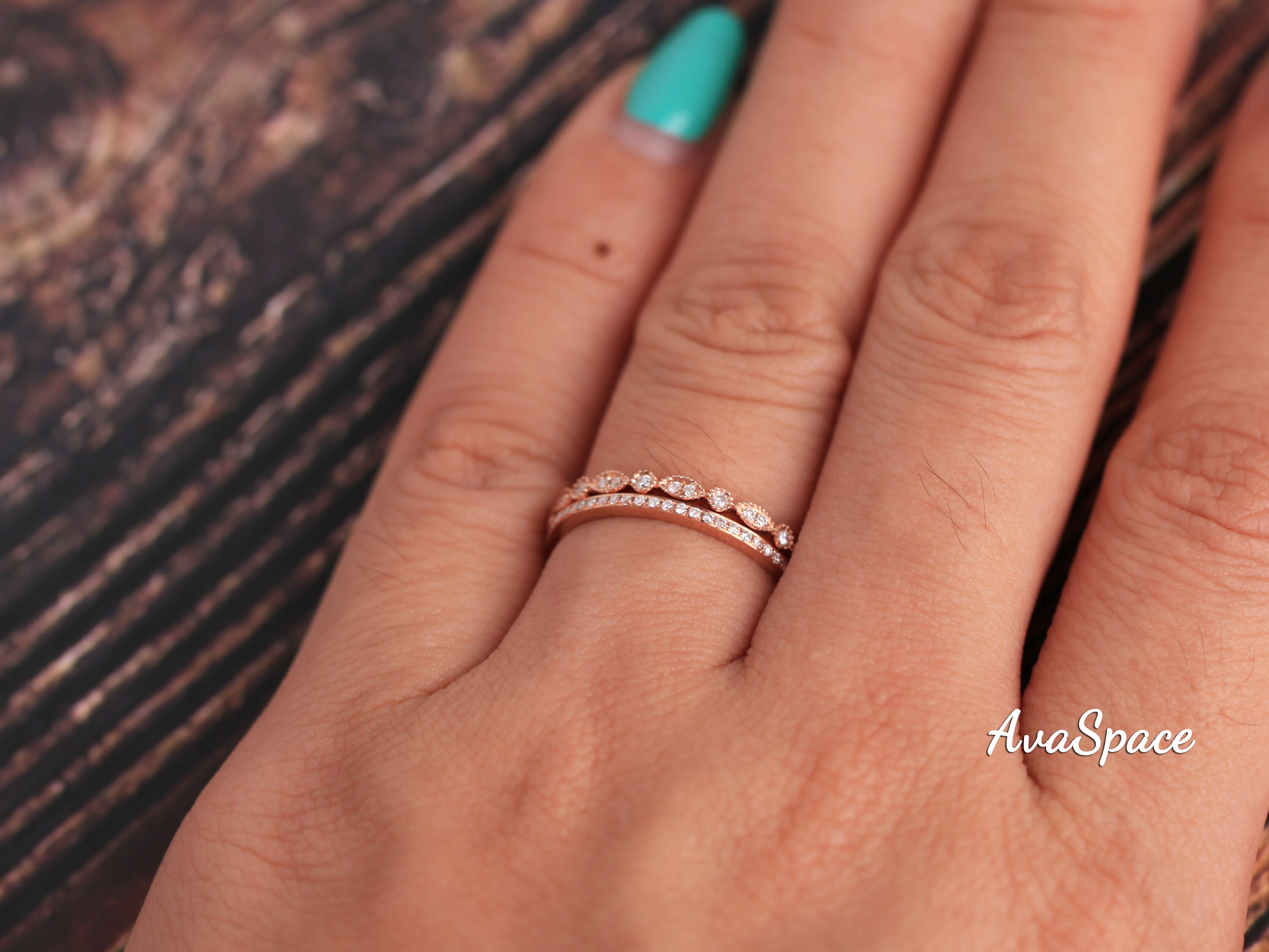 Art Deco Wedding Ring Set 2pcs Diamond 14K Rose Gold Ring | Etsy