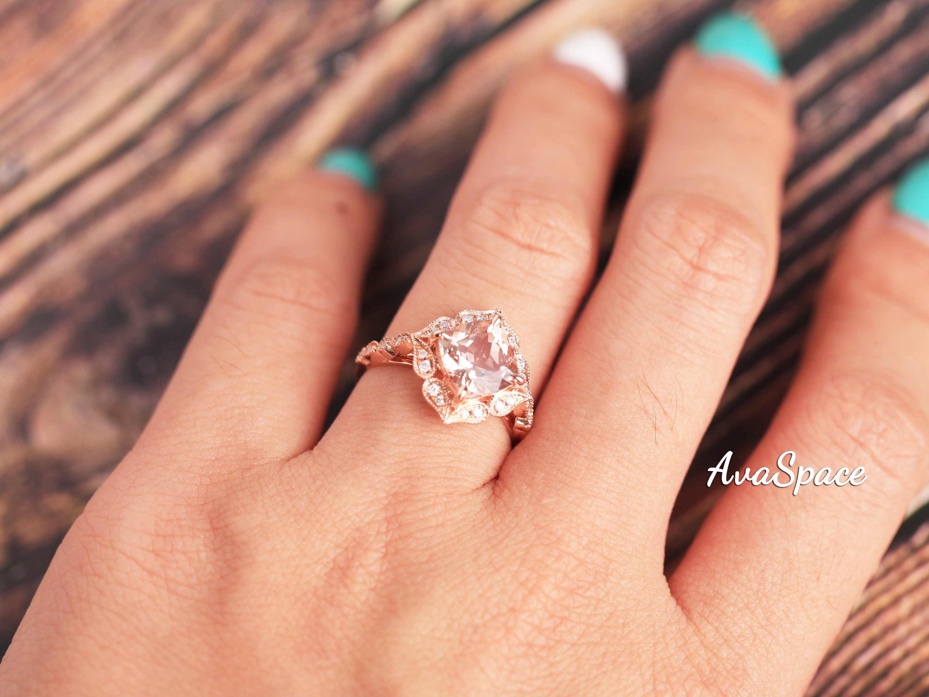 Vintage Morganite Engagement Ring Rose Gold 8mm Cushion Cut | Etsy