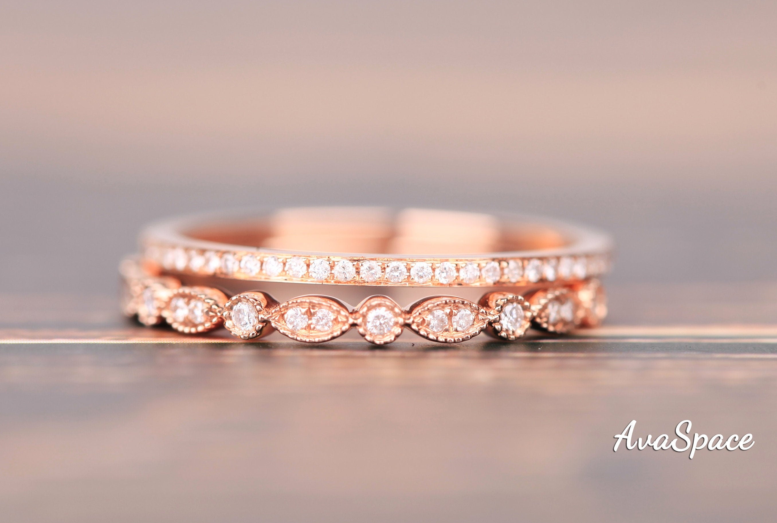 Art Deco Wedding Ring Set 2pcs Diamond 14K Rose Gold Ring | Etsy