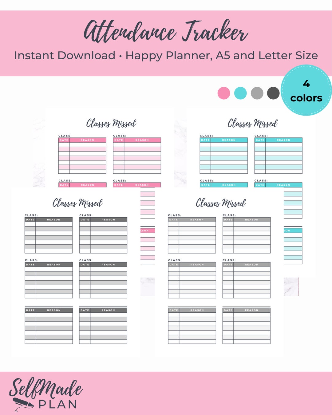 Attendance Tracker Printable, Classes Missed, School Planner, Student ...