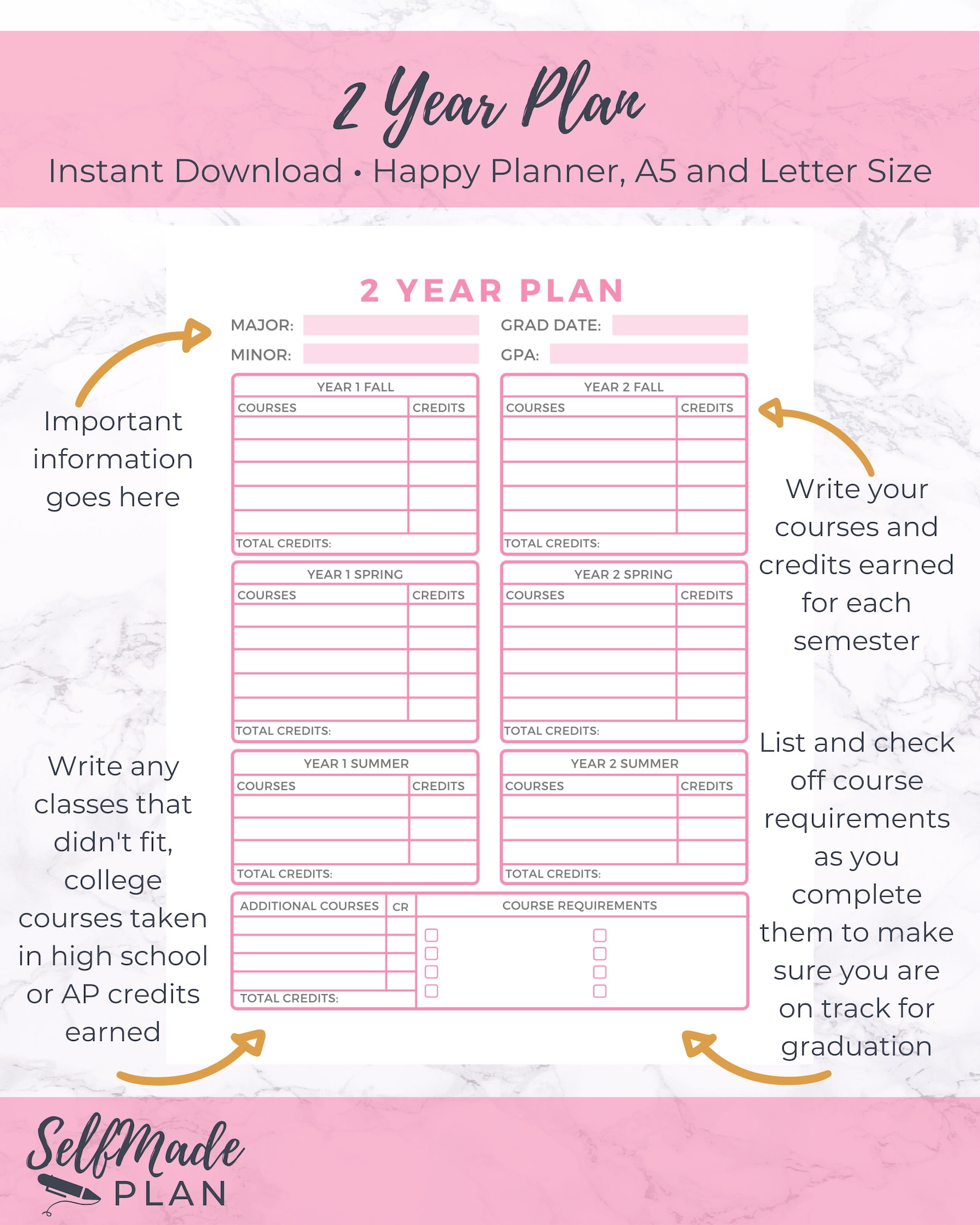 College 2 Year Plan, College Class Organizer Planner Layout, Digital ...