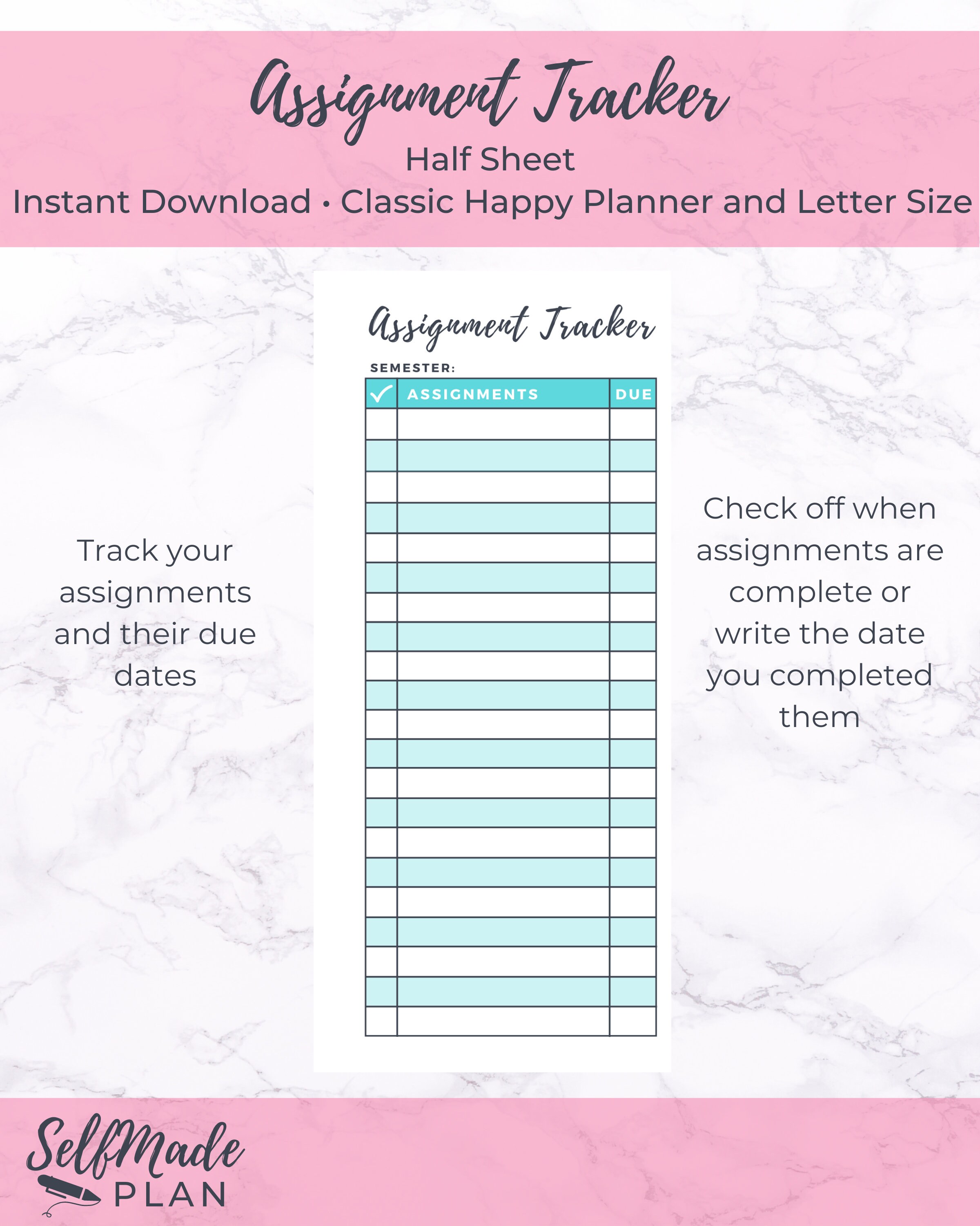 Student Assignment Tracker Half Sheet Printable, Homework and ...