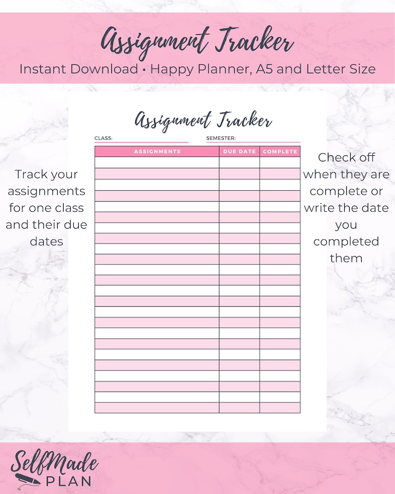 Student Assignment Tracker Printable, Homework Planner, Assignment ...