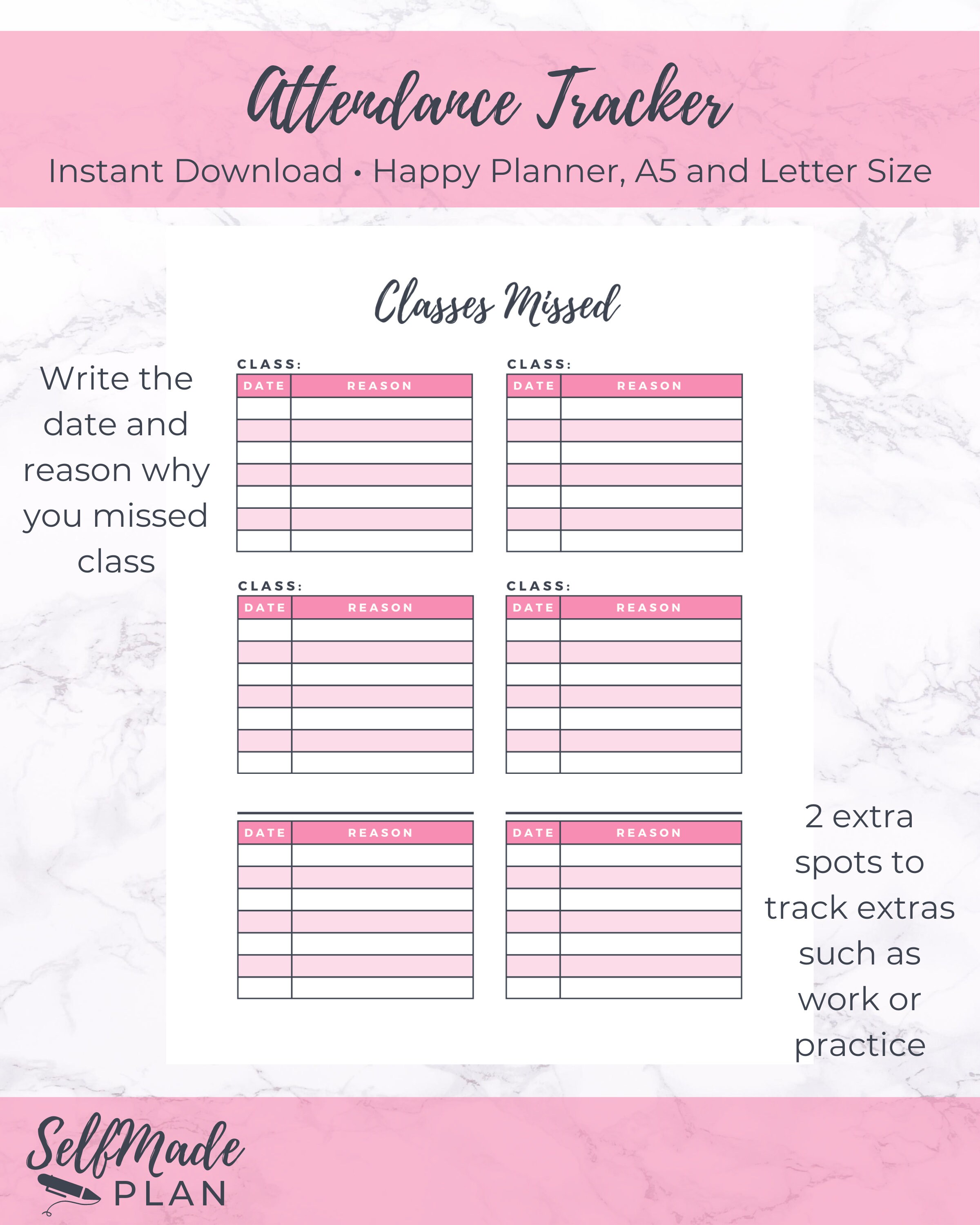 Attendance Tracker Printable, Classes Missed, School Planner, Student ...