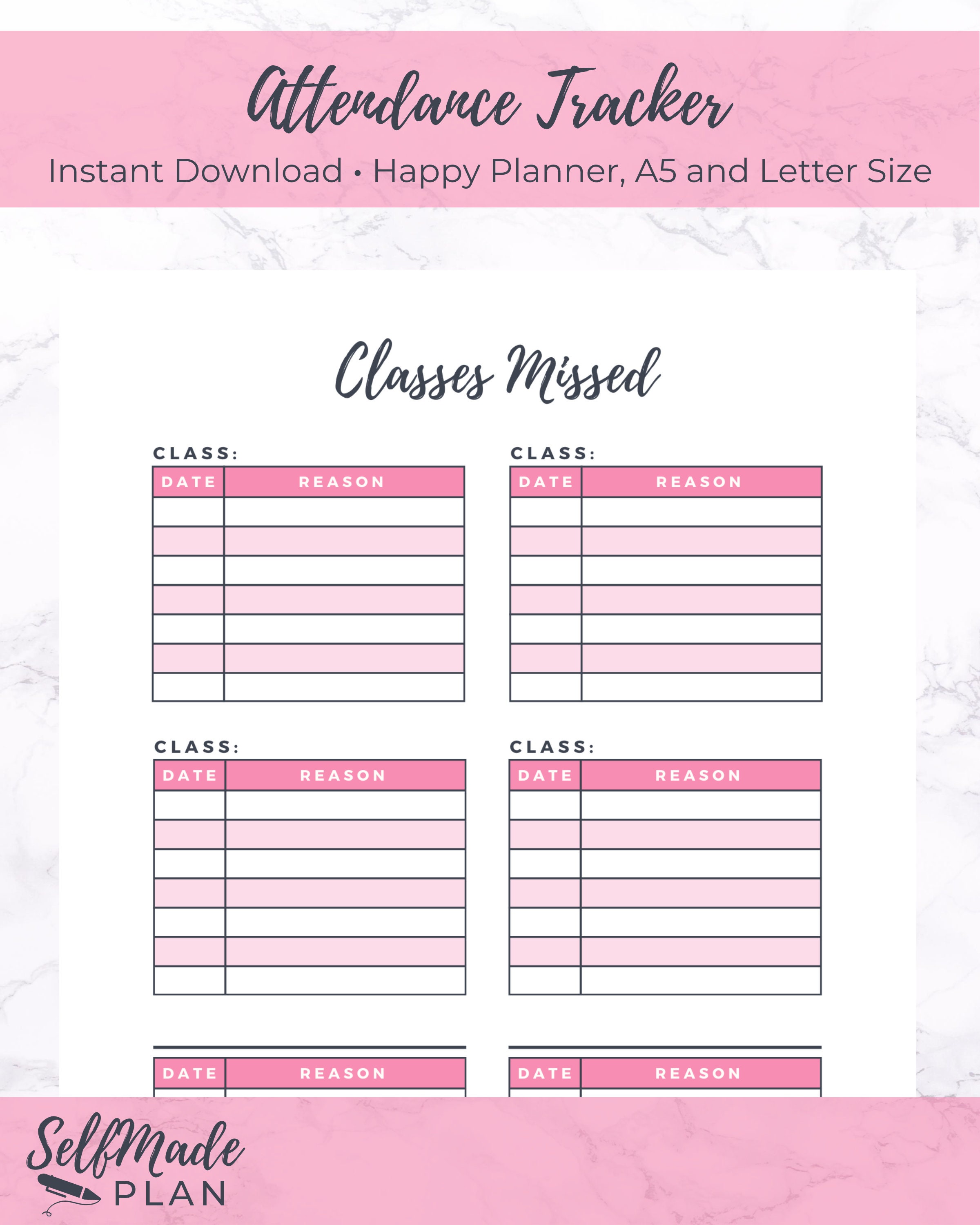 Attendance Tracker Printable, Classes Missed, School Planner, Student ...
