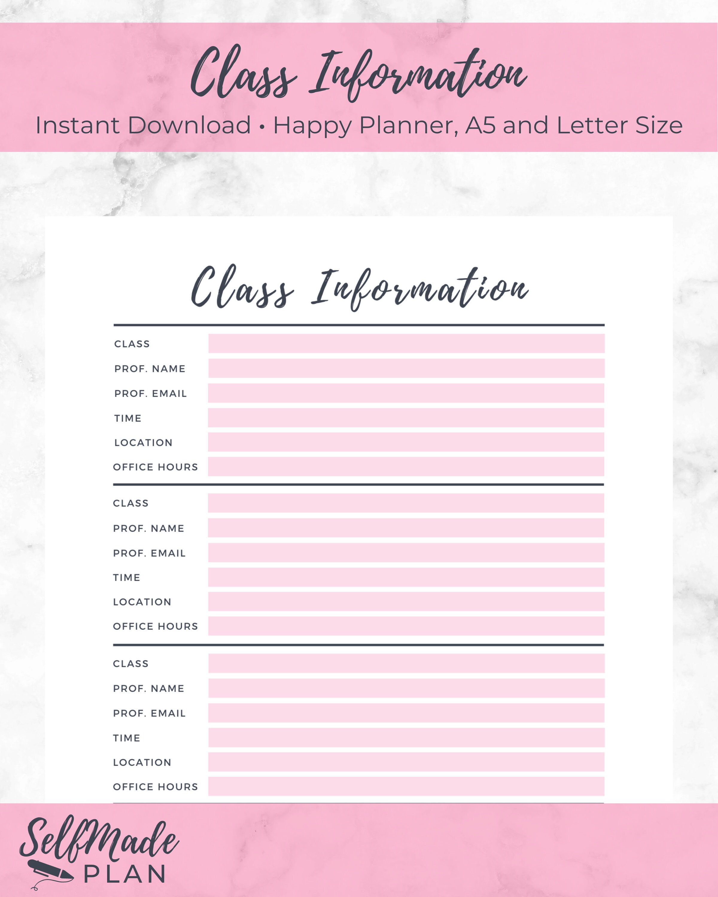 Class Information Printable, School Planner, Student Printable, Student ...
