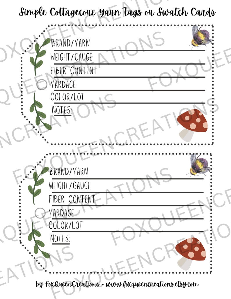 DIGITAL FILE Printable Cottagecore Themed Yarn Tag or Swatch Card for ...