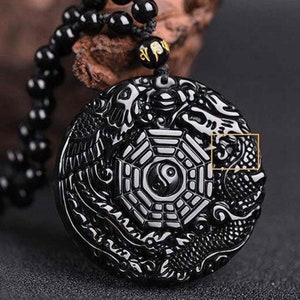 Natural Obsidian Carved Dragon and Phoenix Amulet Pendant / Necklace - Etsy