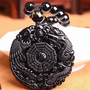 Natural Obsidian Carved Dragon and Phoenix Amulet Pendant / Necklace - Etsy