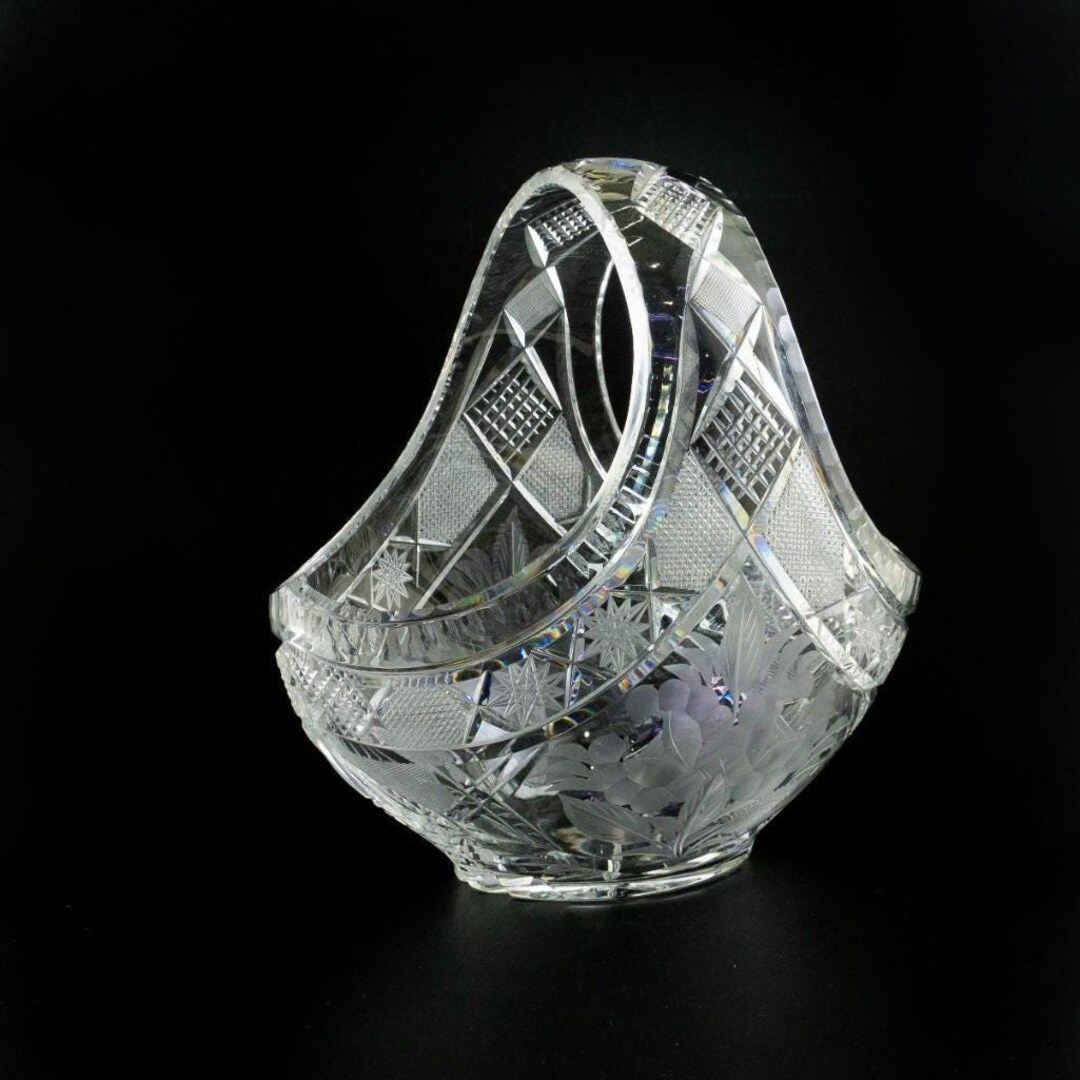 Floral Glass Basket -vintage Clear Glass Handled Floral Basket - Etsy