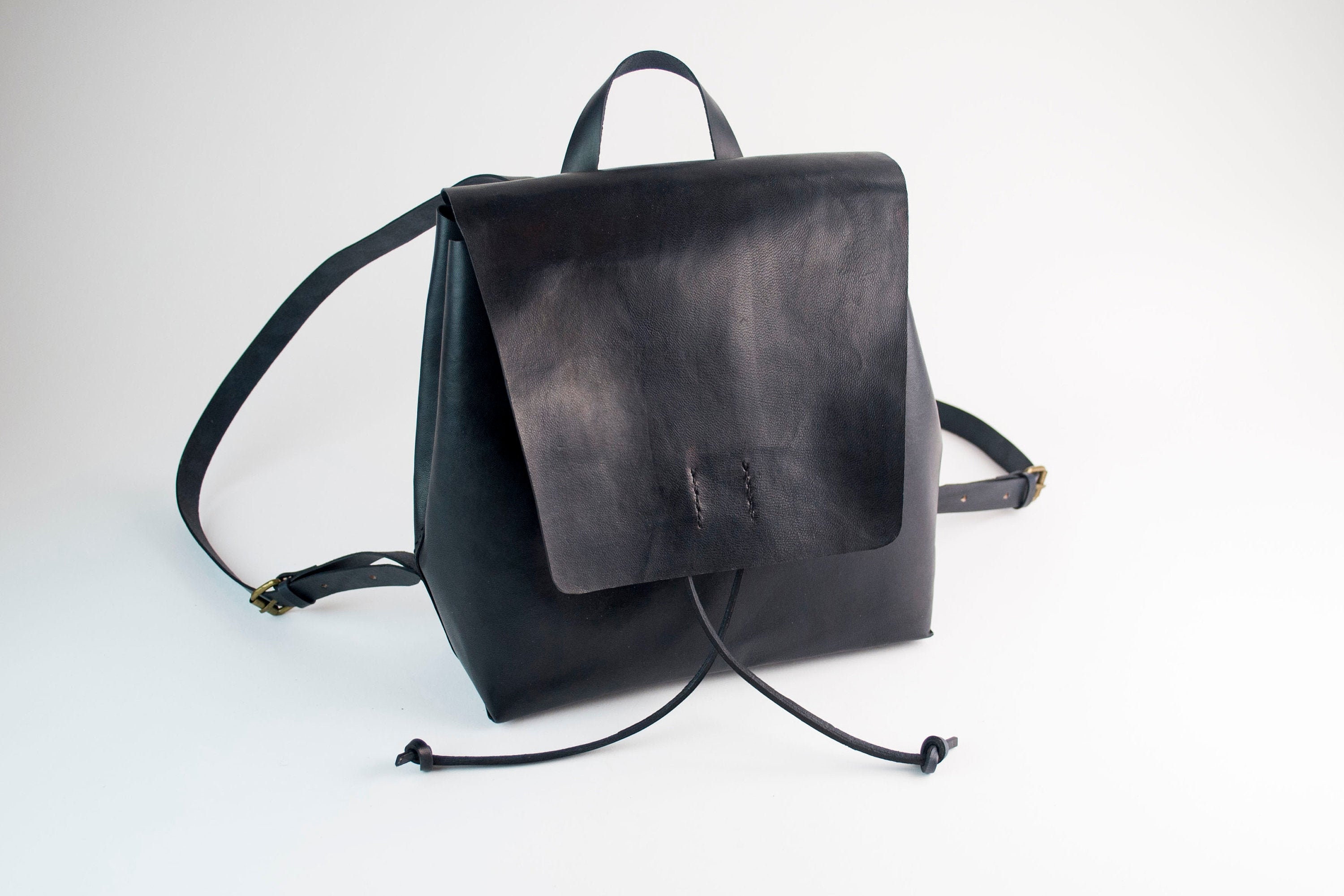 Black Leather Backpack, Small Leather Backpack, Minimalistic Backpack ...