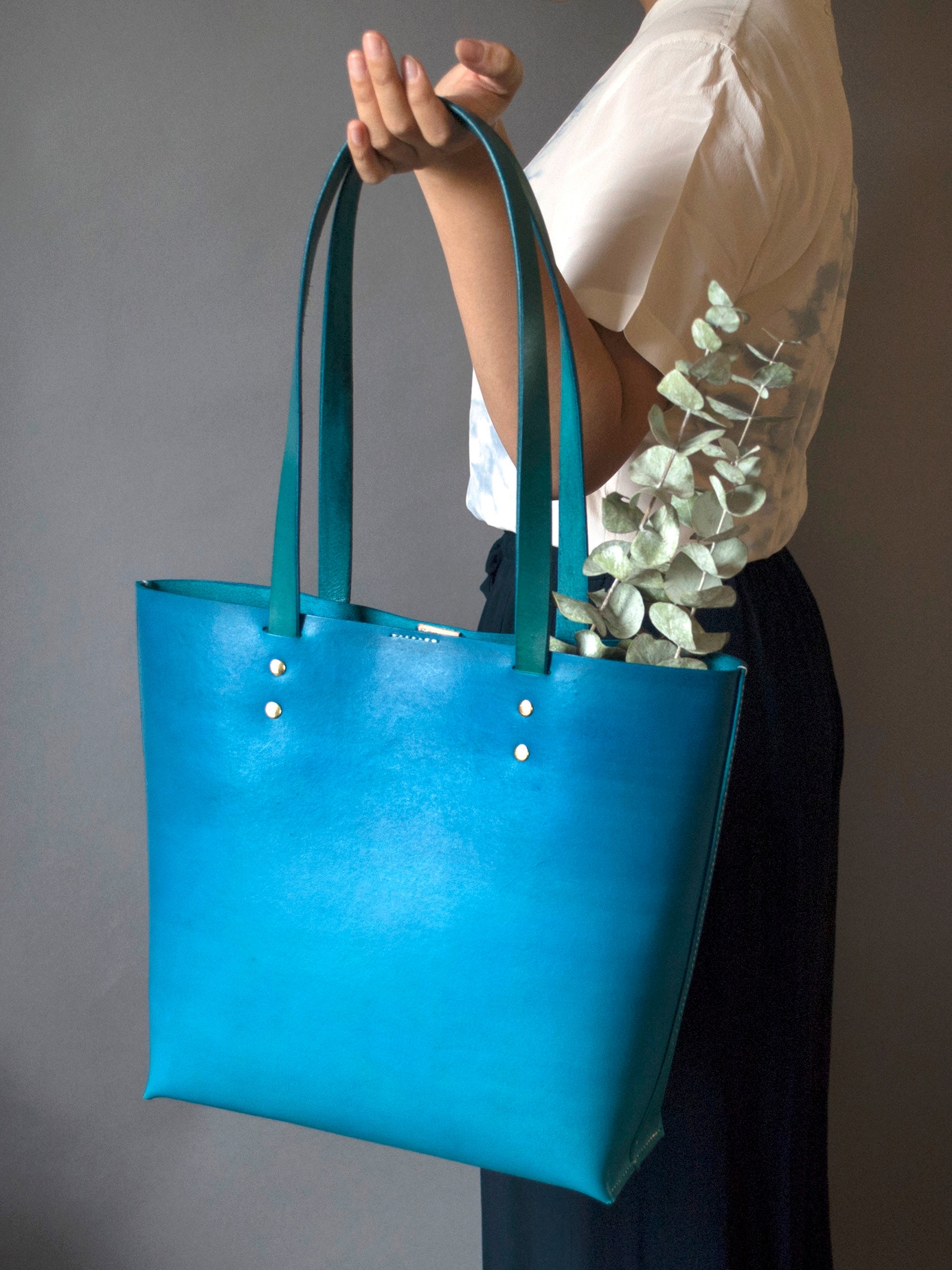 Blue Leather Tote Bag With Inside Pocket, Minimalistic Ombré Large Tote ...