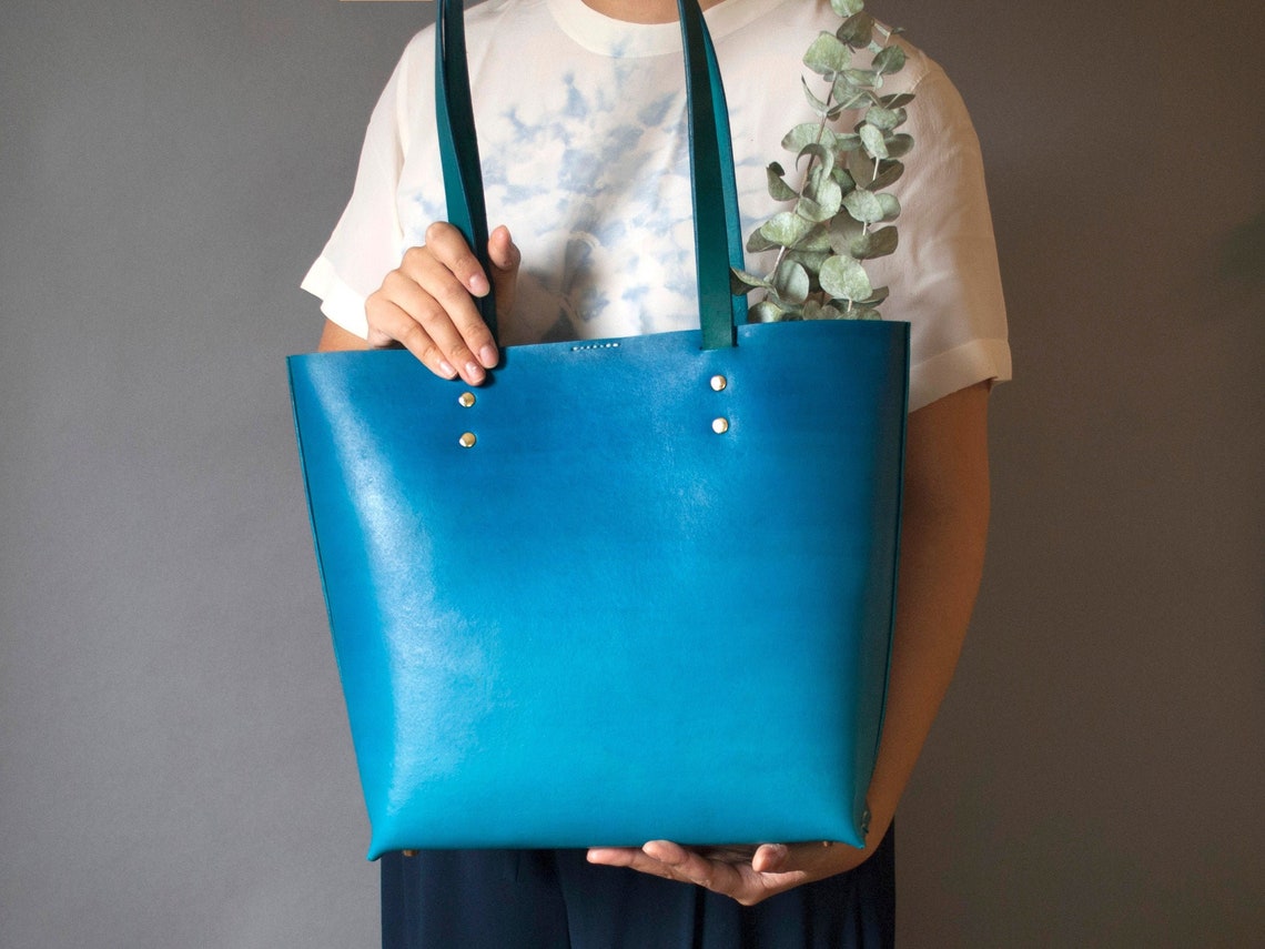 Blue Leather Tote Bag With Inside Pocket, Minimalistic Ombré Large Tote ...