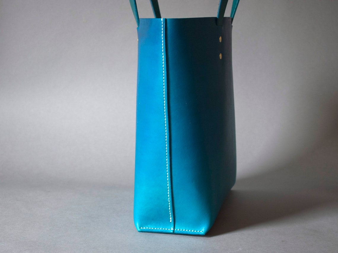 Blue Leather Tote Bag With Inside Pocket, Minimalistic Ombré Large Tote ...