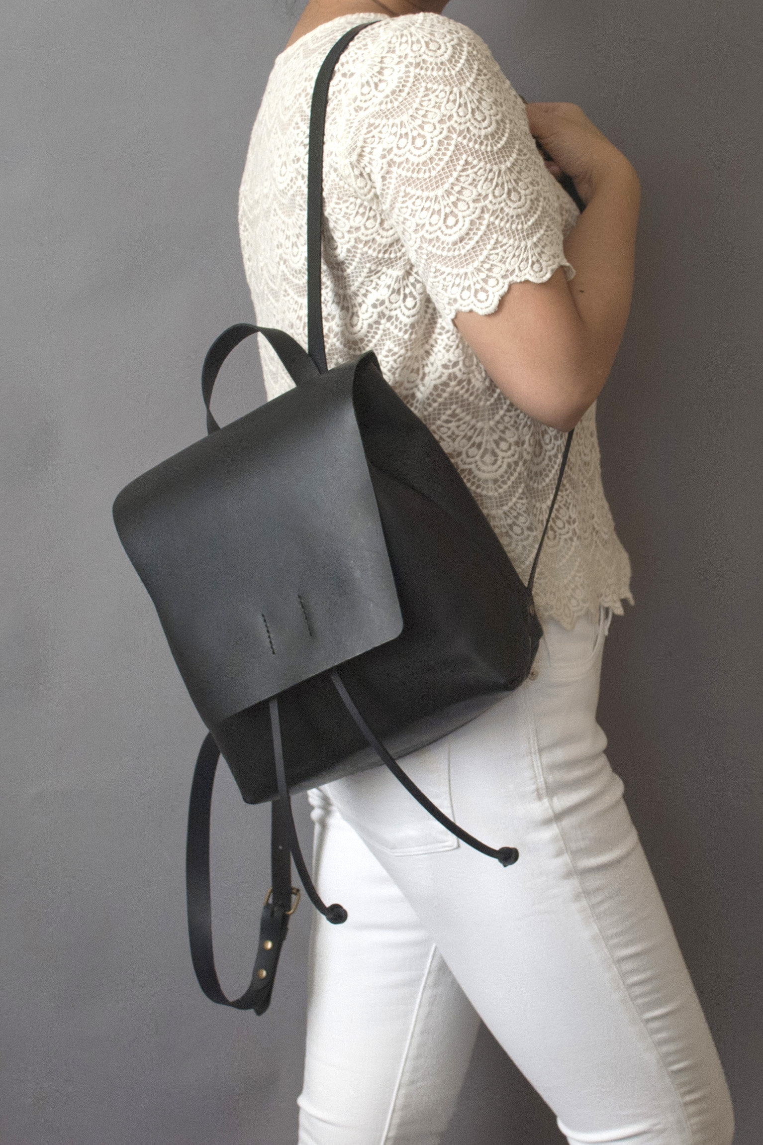 Black Leather Backpack, Small Leather Backpack, Minimalistic Backpack ...