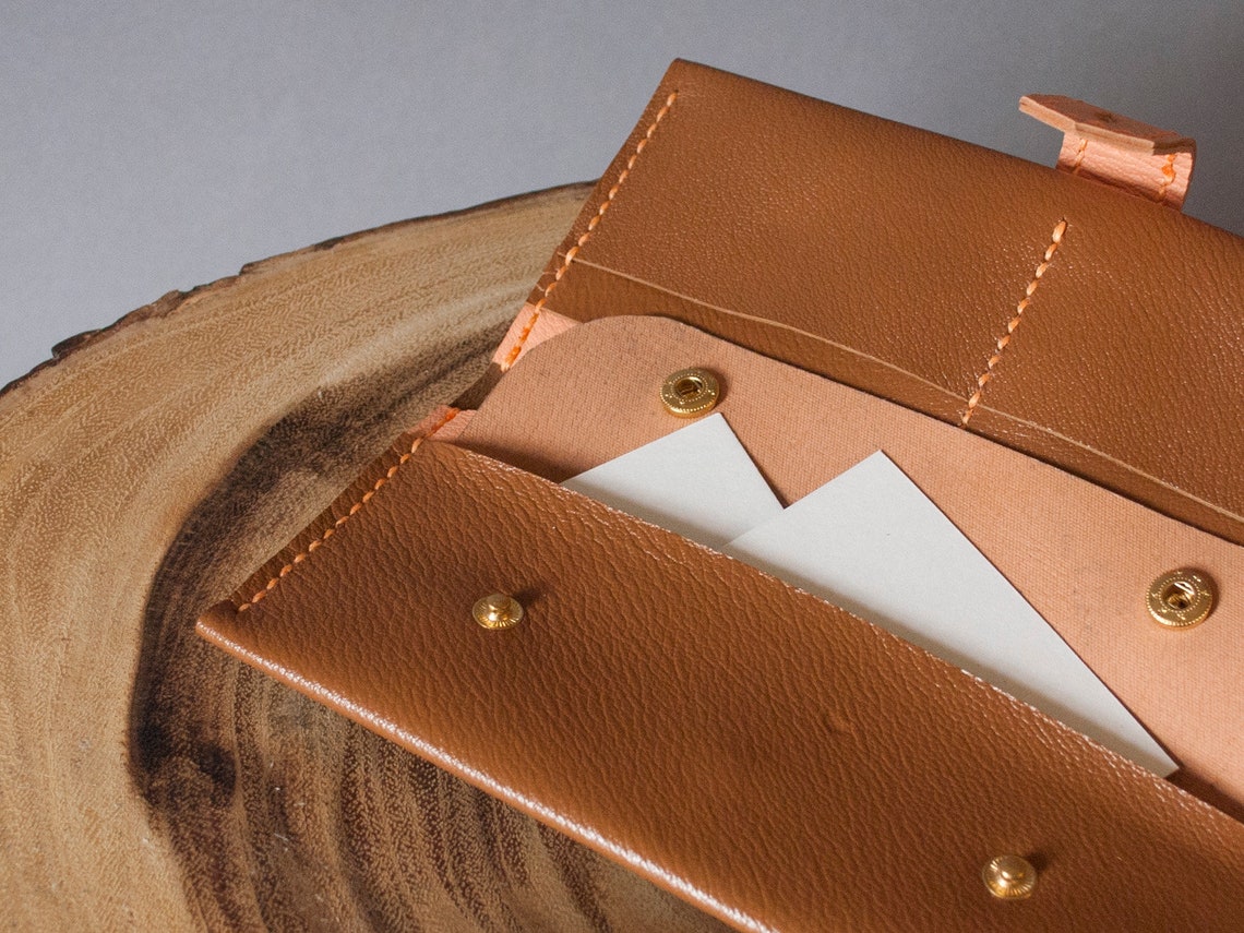 Leather Long Wallet in Peach and Tan Color Combo Minimalistic - Etsy