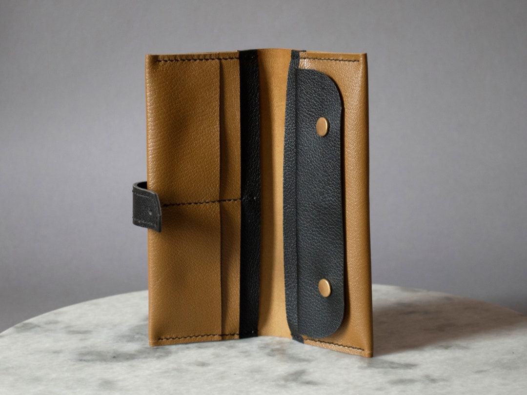 Leather Long Wallet in Bronze and Black Color Combo, Minimalistic Slim ...