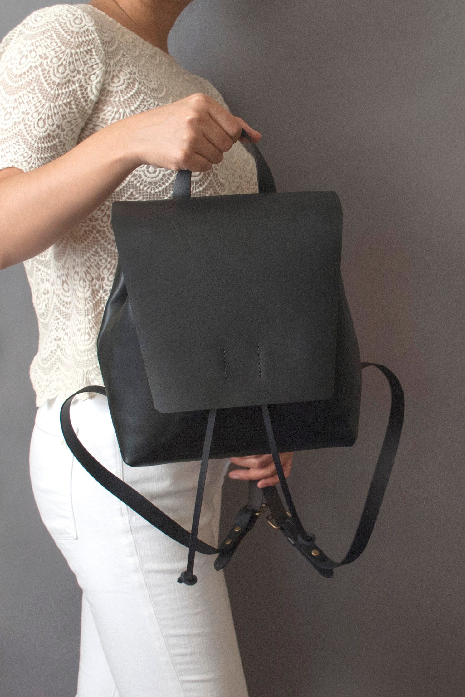 Black Leather Backpack, Small Leather Backpack, Minimalistic Backpack ...