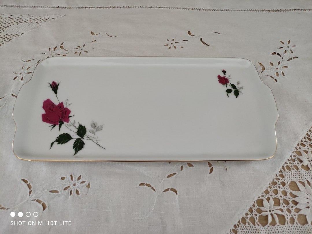 Eared Cake Dish in White Bavaria Porcelain, Fuchsia Pink Decoration ...