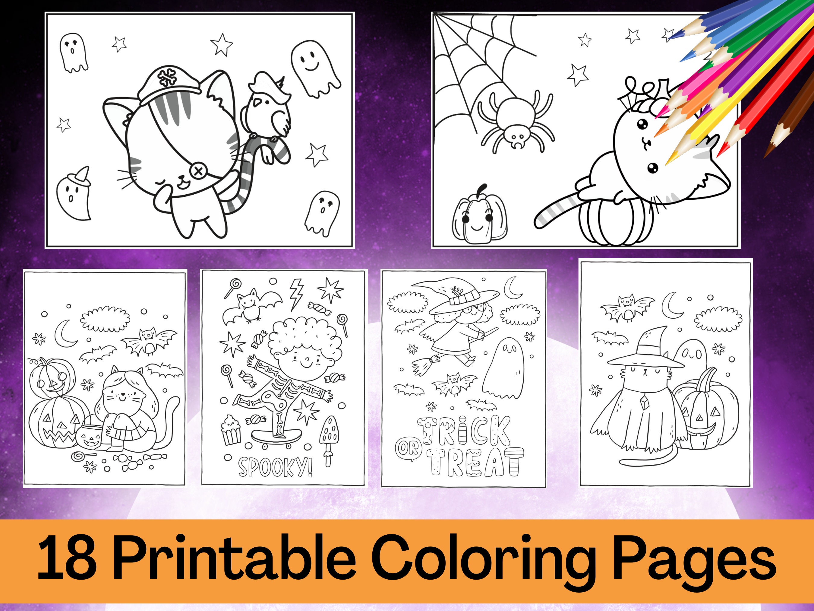 Cute Halloween Cat Coloring Pages and More for Kids 18 - Etsy