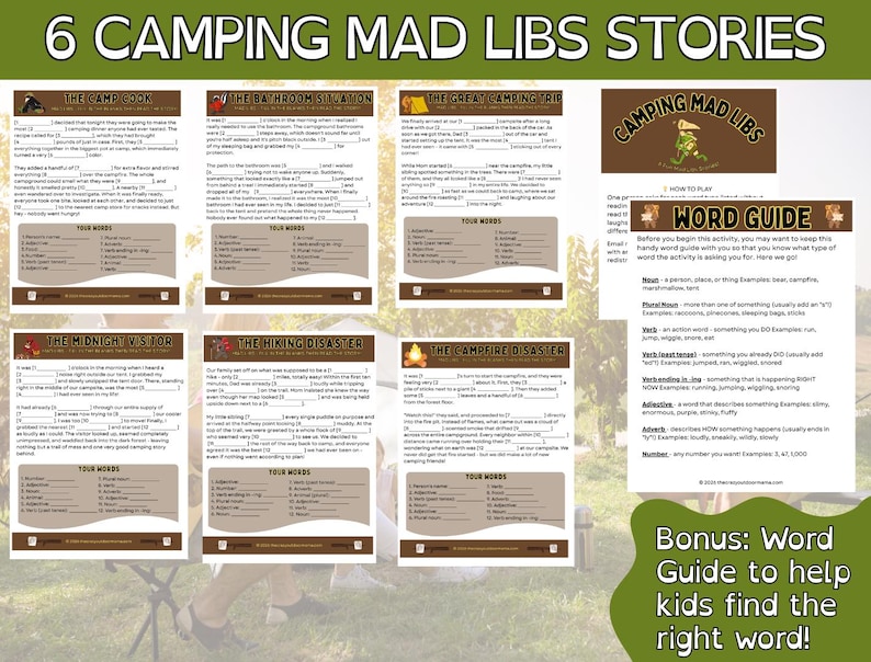 Camping Mad Libs Printable - 6 Funny Stories for Kids - Instant ...