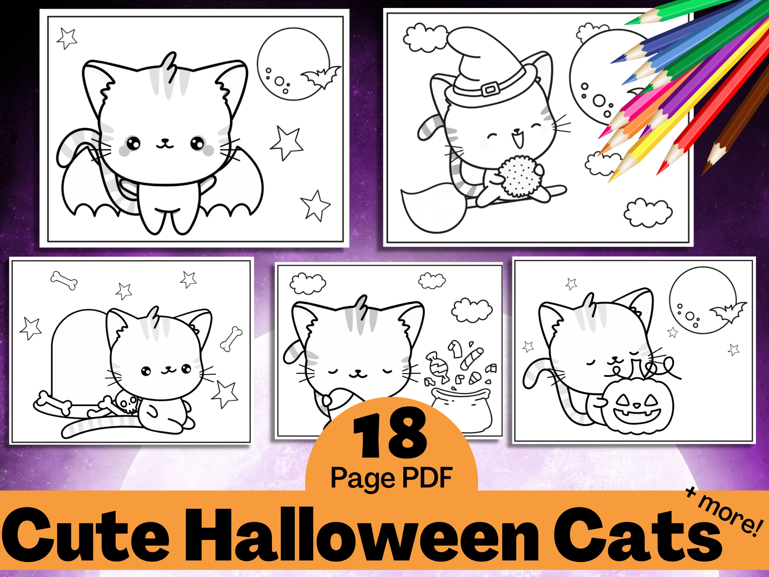 Cute Halloween Cat Coloring Pages and More for Kids, 18 Adorable Spooky ...