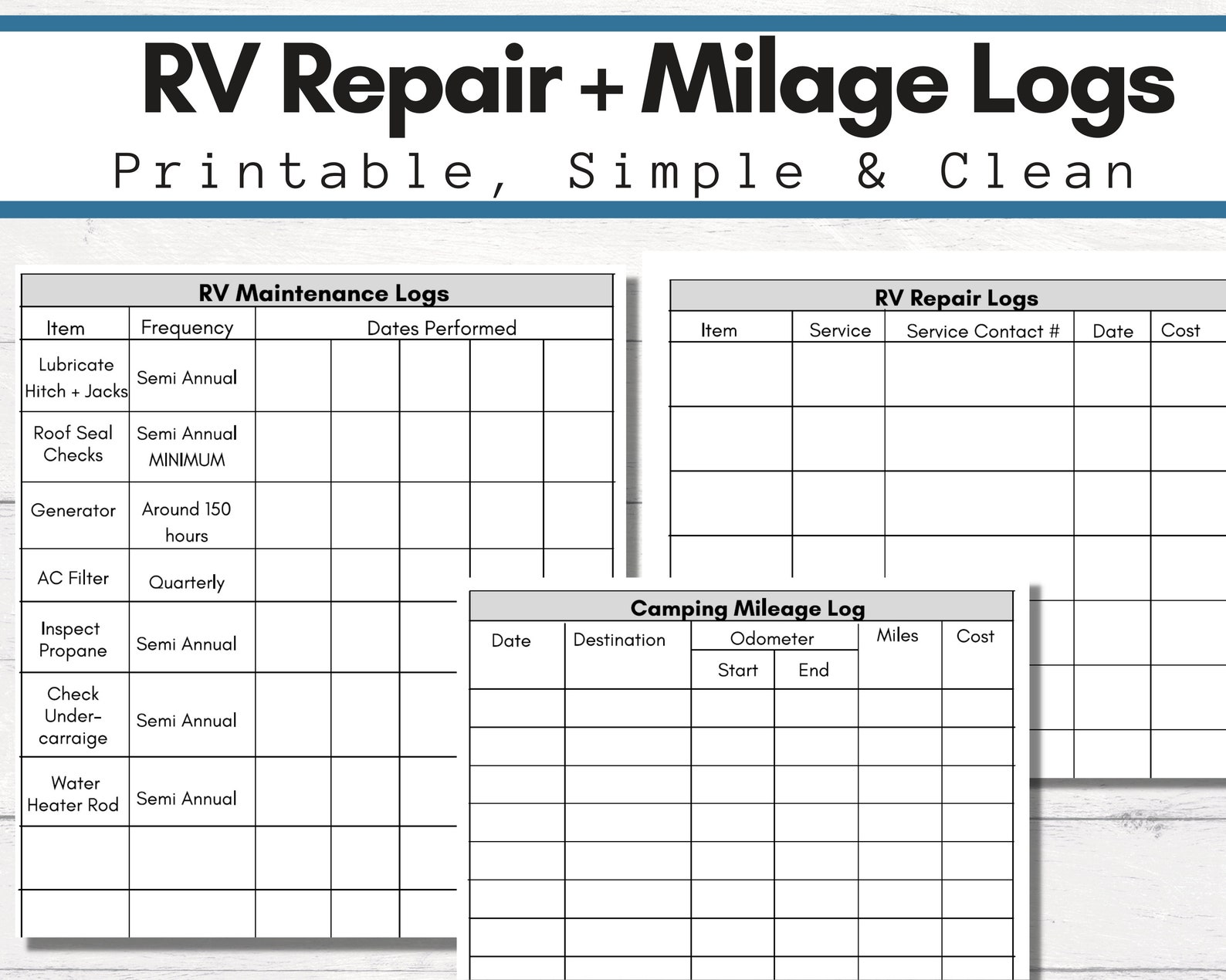 Simple Logs for RV Maintenance, RV Repair and RV Mileage [pdf ...
