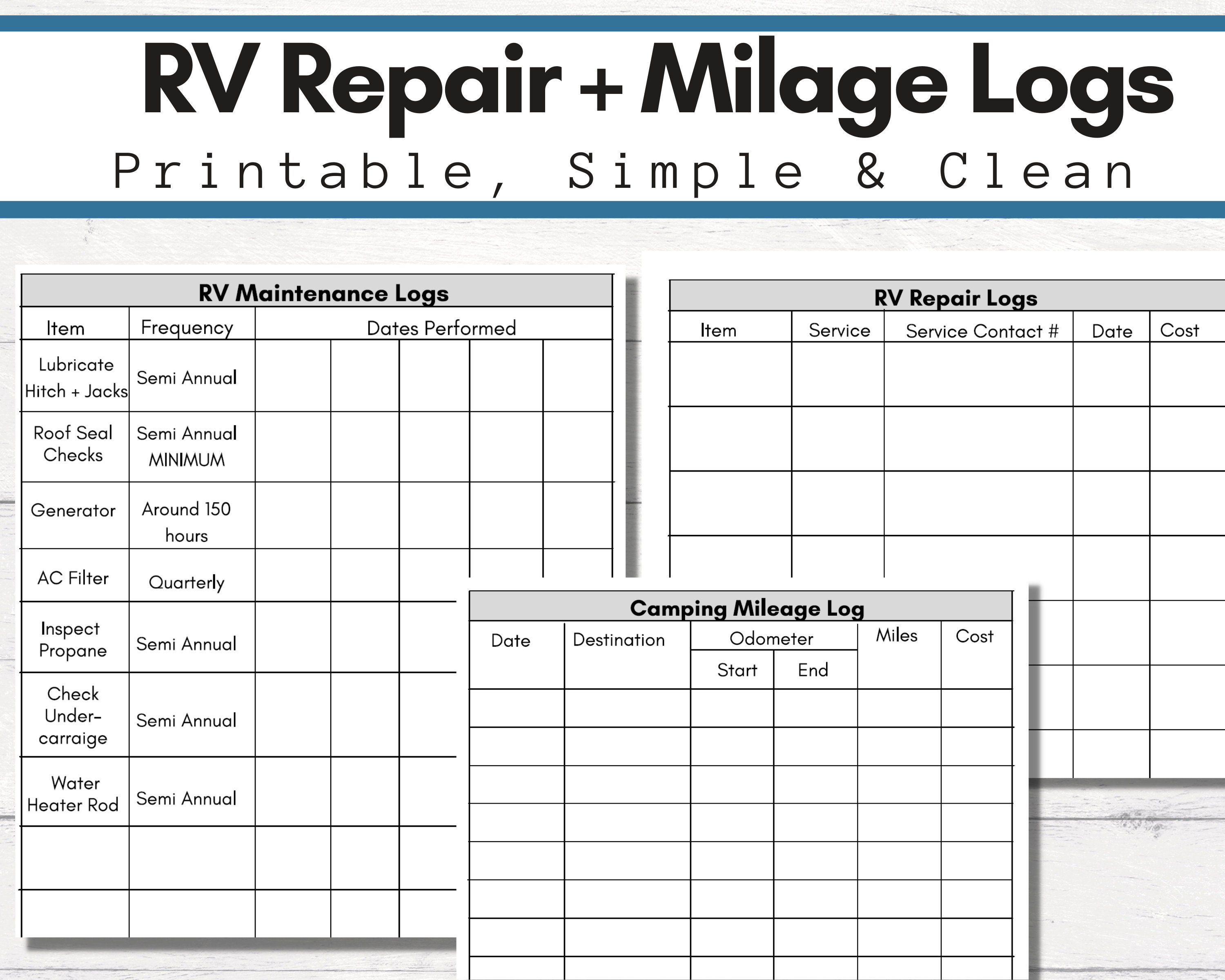 Simple Logs for RV Maintenance, RV Repair and RV Mileage [pdf ...