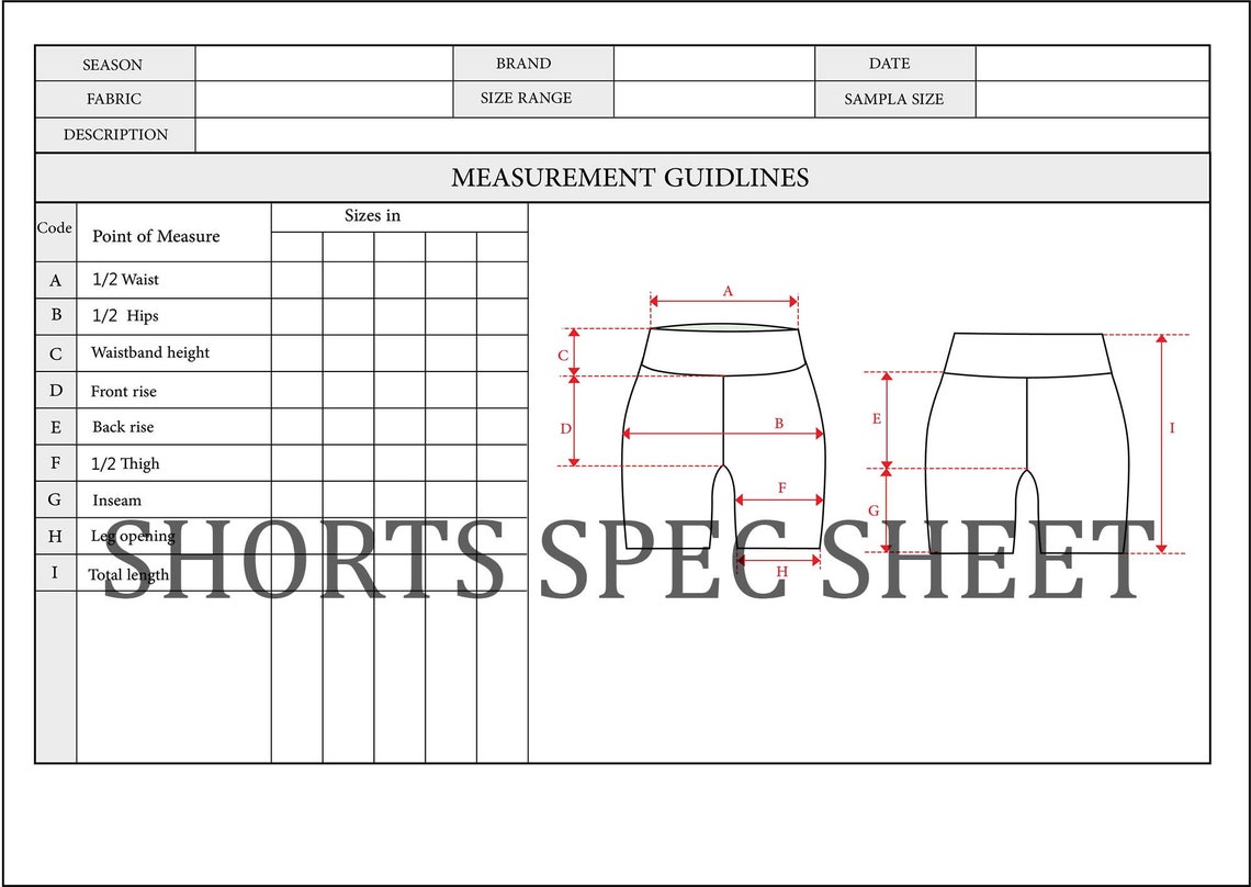 Short Vector + Size Sheet for Tech Pack - Complete Measurements Guide ...