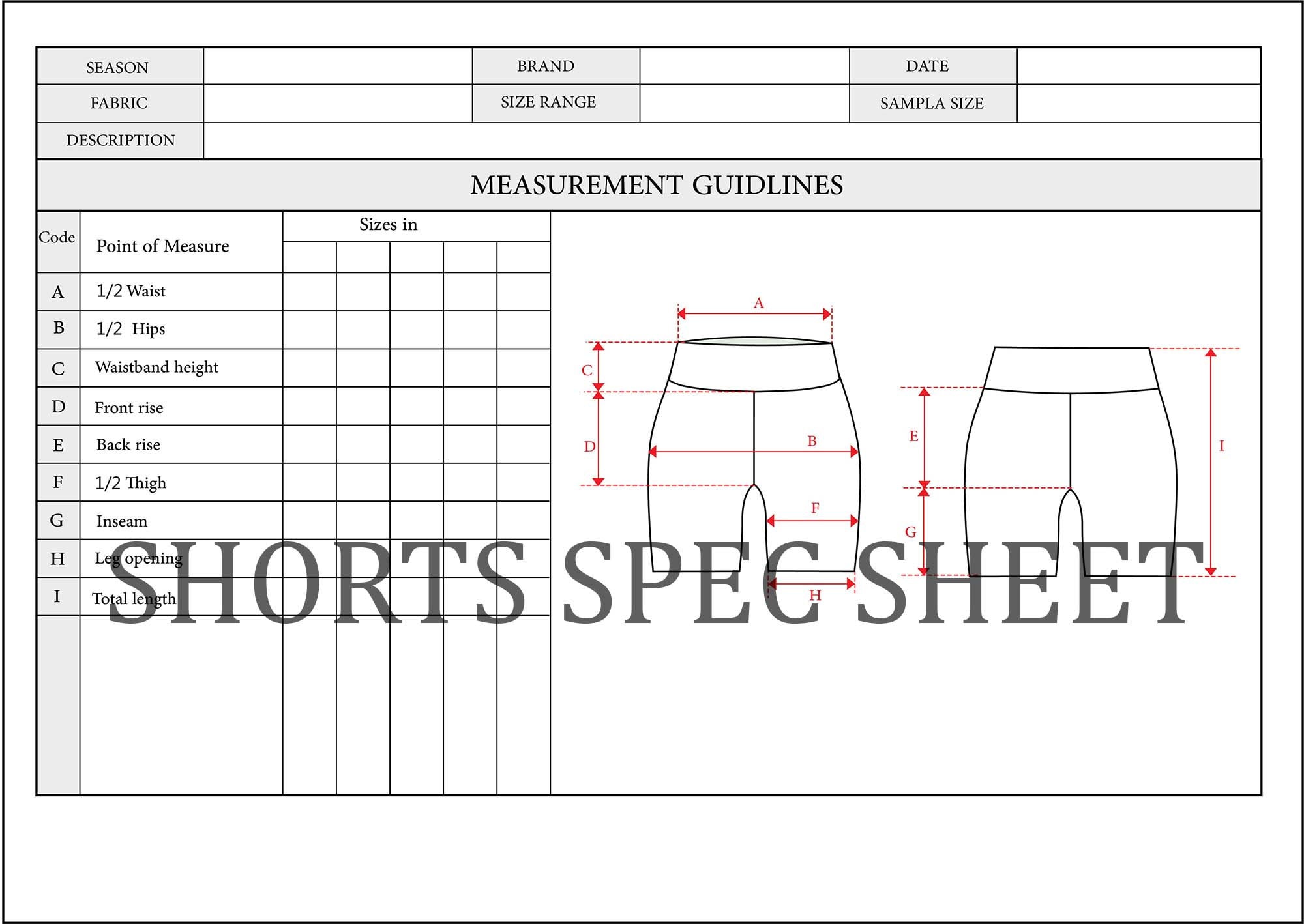 Short Vector + Size Sheet for Tech Pack - Complete Measurements Guide ...