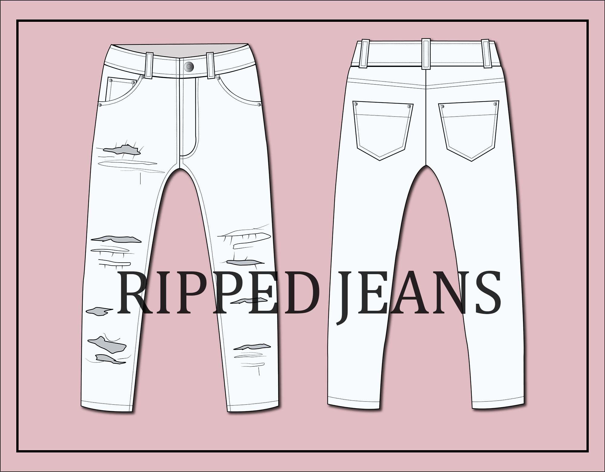 Ripped Jeans Vector- Ripped Denim Pants Vector -fashion Flat Sketch for ...