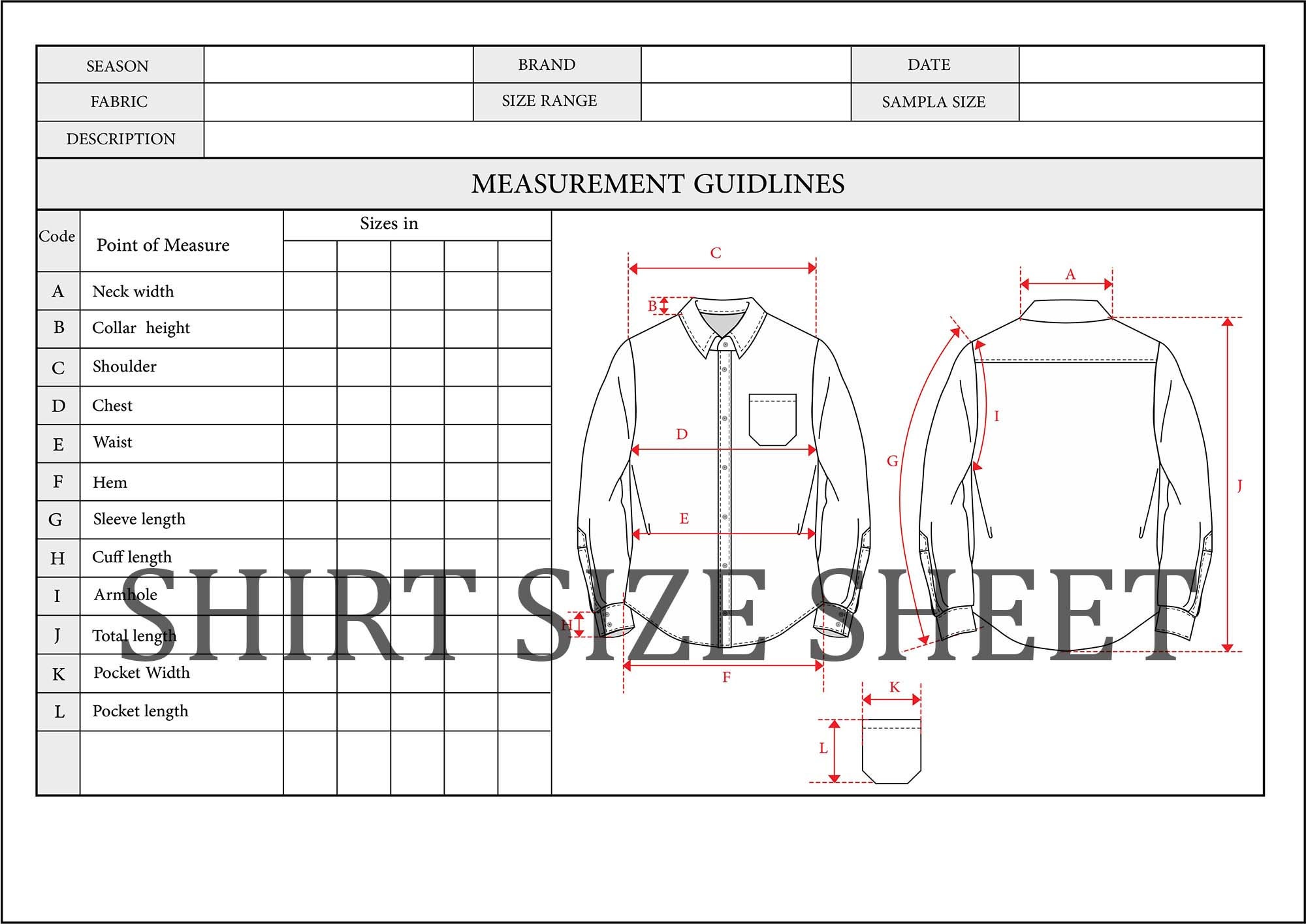 Shirt Tech Pack Template: Measurement Guide, Flat Sketch (digital ...