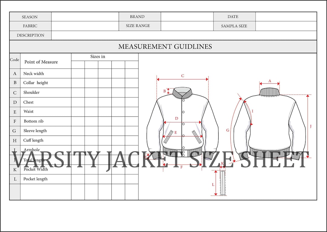 Varsity Jacket Vector + Size Sheet for Tech Pack - Complete ...