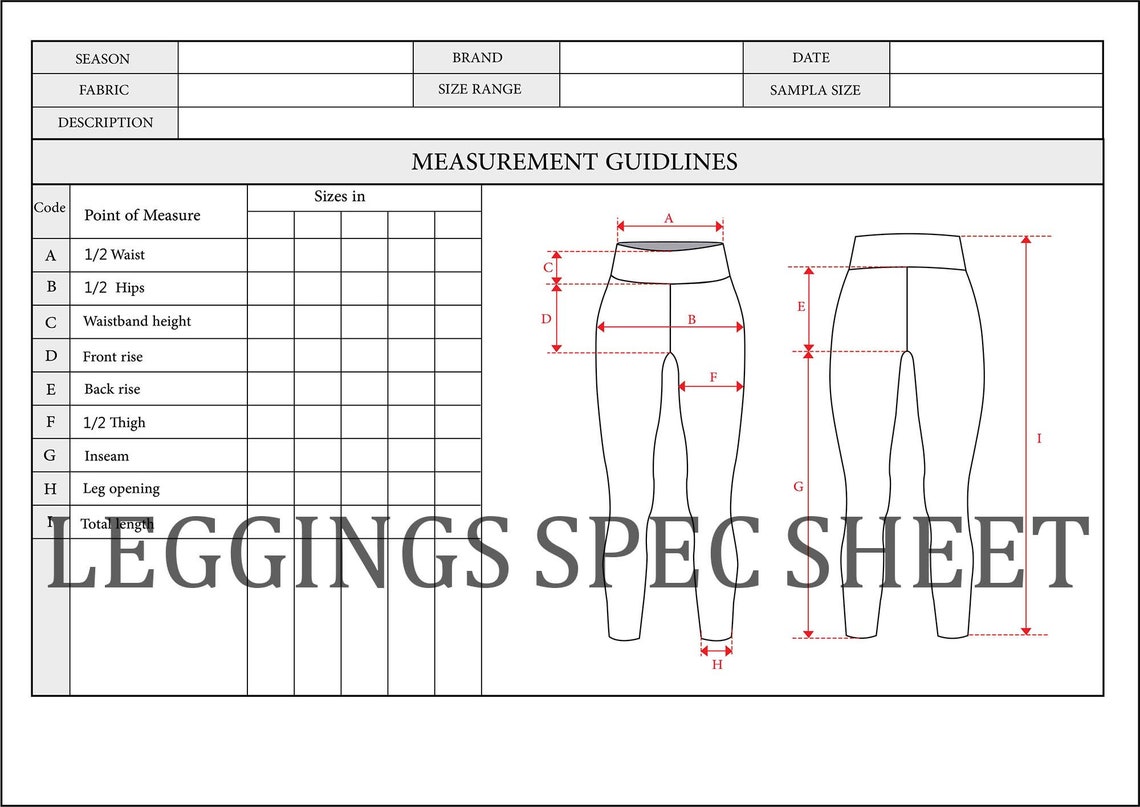 Legging Size Sheet for Tech Pack- Complete Measurements Guide for ...