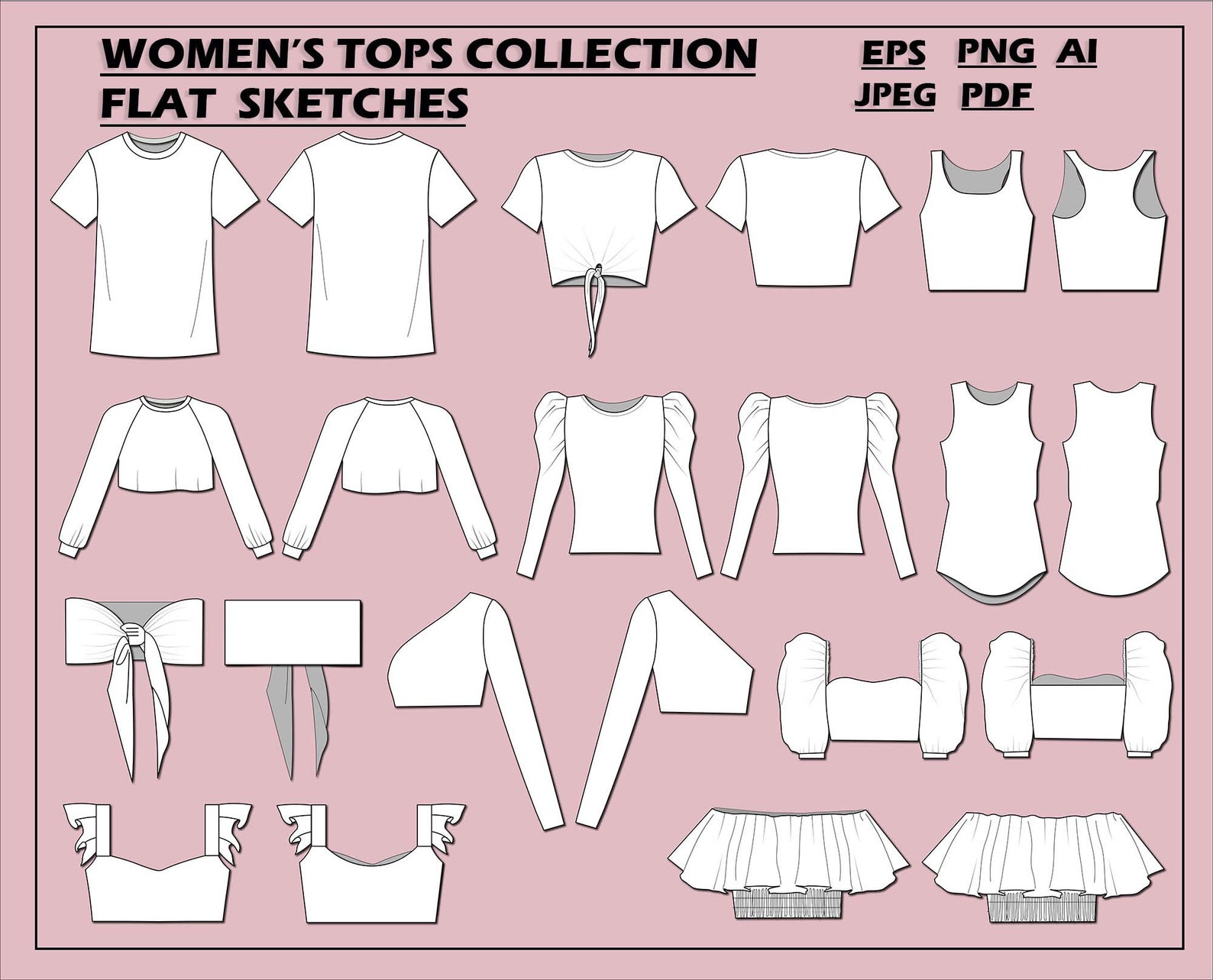 Women's Tops Set Bundle Vector -tops Fashion Flat Sketches for Adobe ...