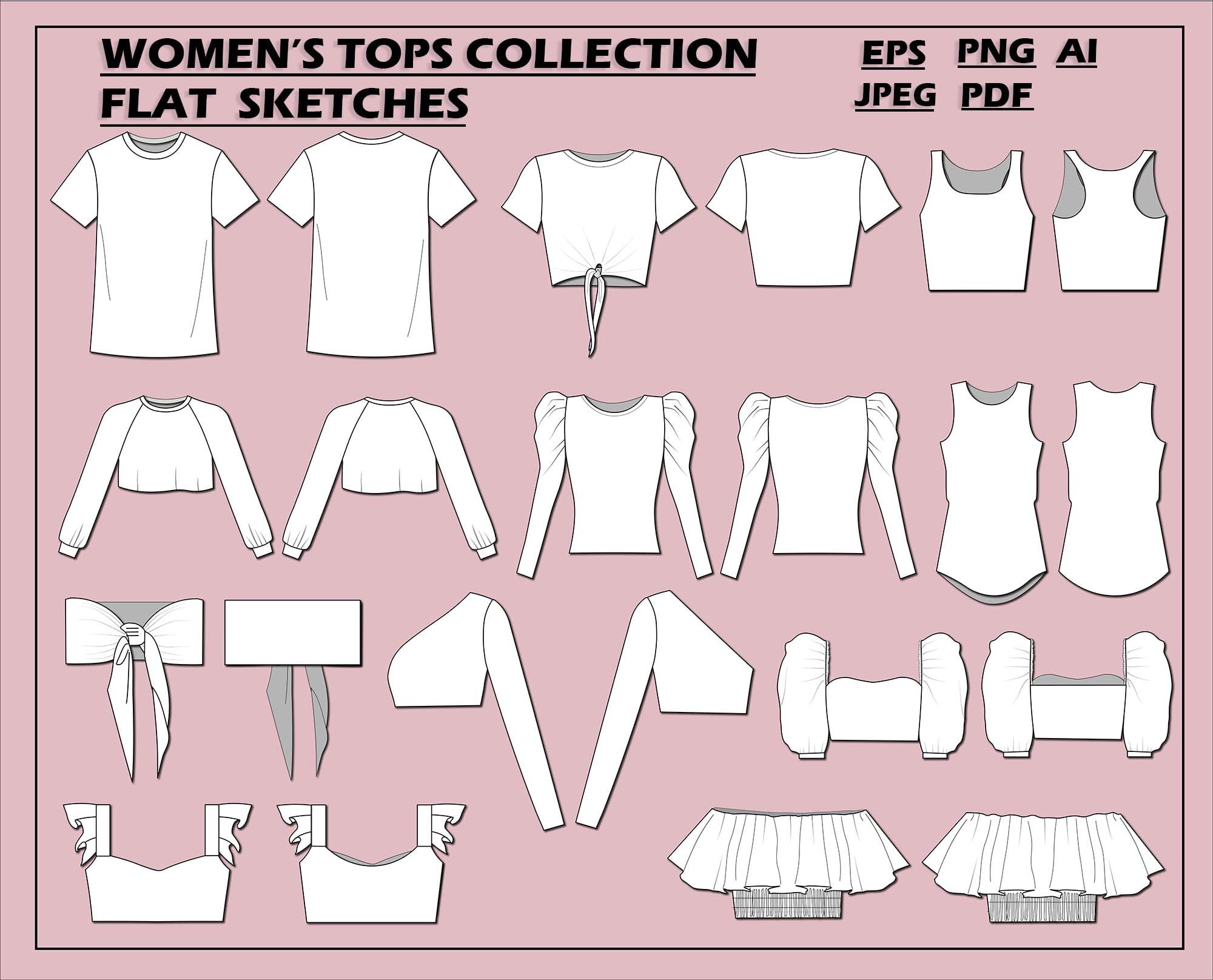 Women's Tops Set Bundle Vector -tops Fashion Flat Sketches for Adobe ...