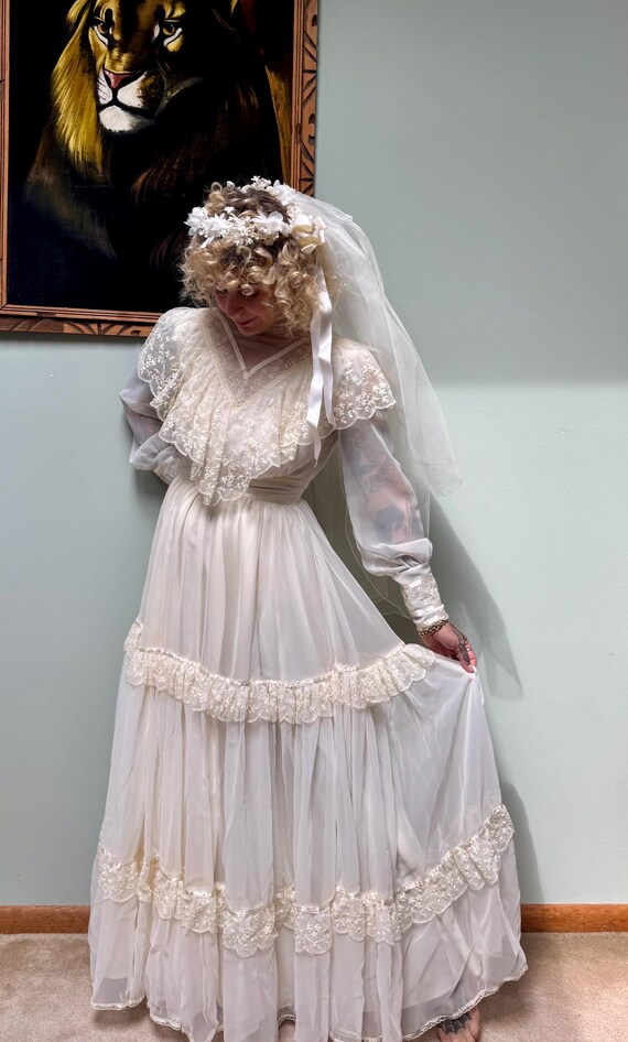 1970s Neo Edwardian Prairie Wedding Dress Gown and Ve… - Gem