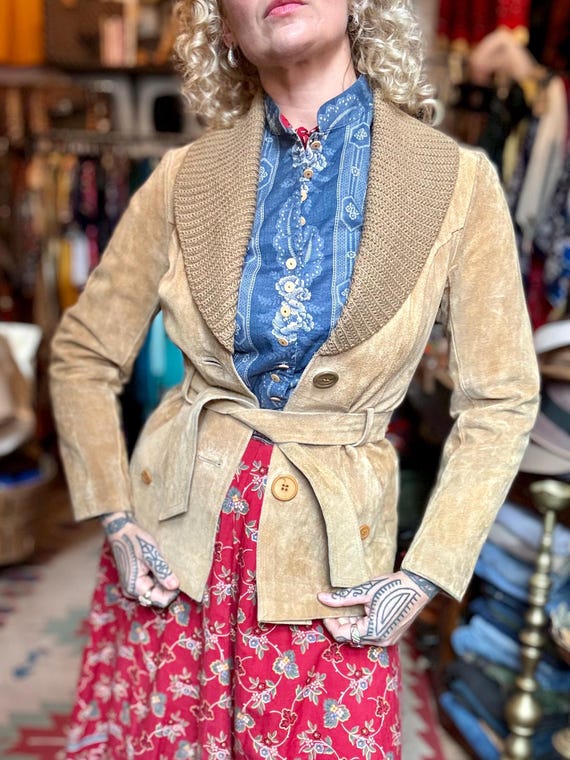 1970s Suede Jacket With Knit Shawl Collar England S - Gem