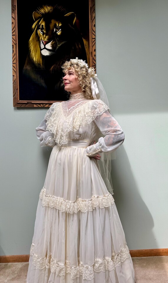 1970s Neo Edwardian Prairie Wedding Dress Gown and Ve… - Gem