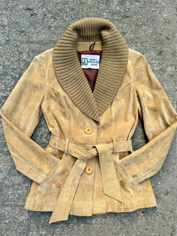 1970s Suede Jacket With Knit Shawl Collar England S - Gem