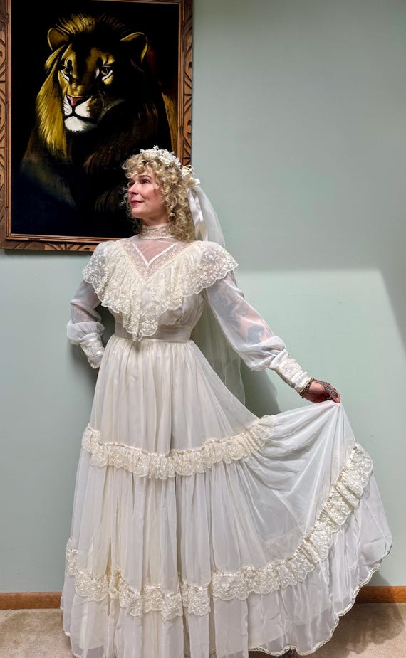 1970s Neo Edwardian Prairie Wedding Dress Gown and Ve… - Gem