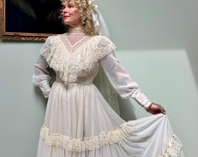 1970s Neo Edwardian Prairie Wedding Dress Gown and Veil S - Etsy