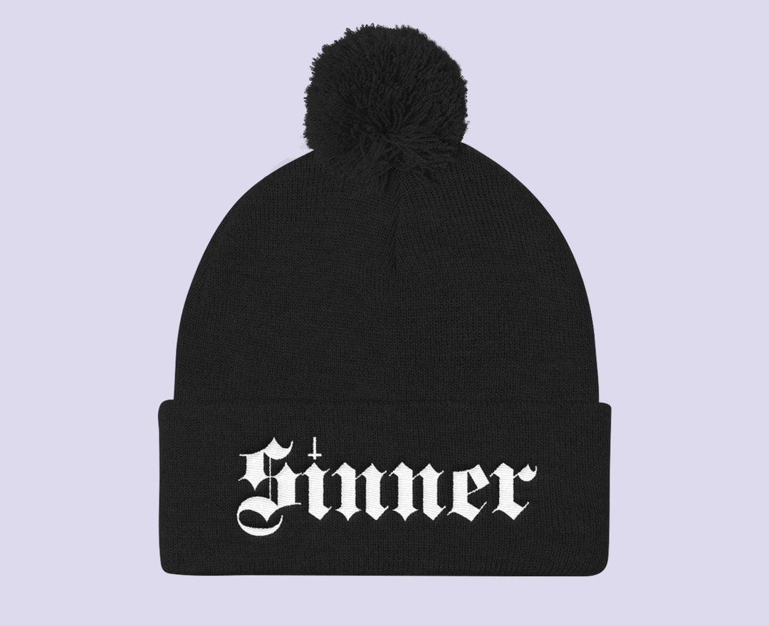 SINNER Black Pom Pom Hat|black Gothic Hat|goth Beanie With Pom Pom|nu ...