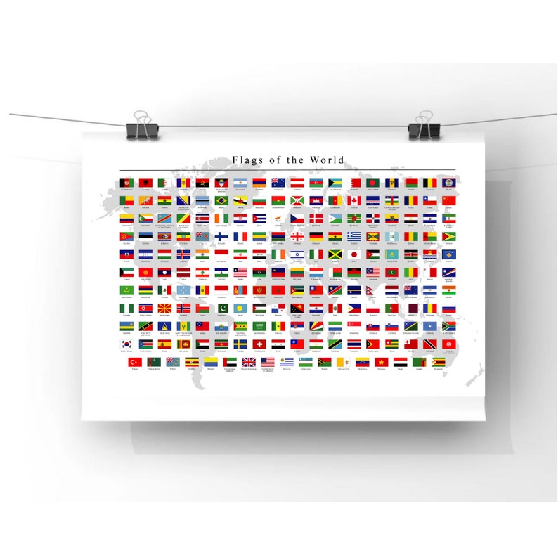 Flags of the World Map Wall Art Prints Posters 197 Countries Children's ...