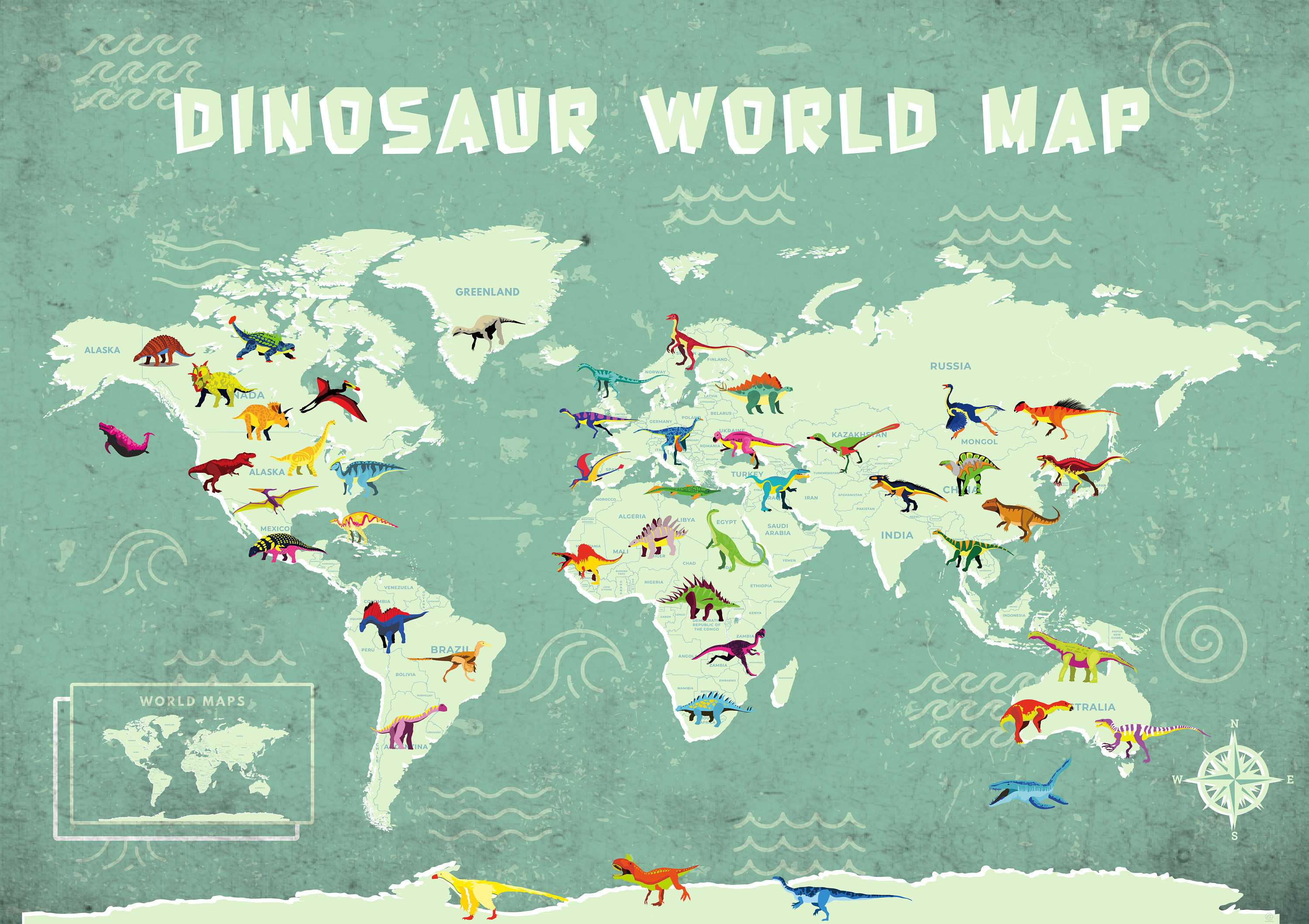 Dinosaur World Map Location, Wall Art, Kids Bedroom, Educational ...