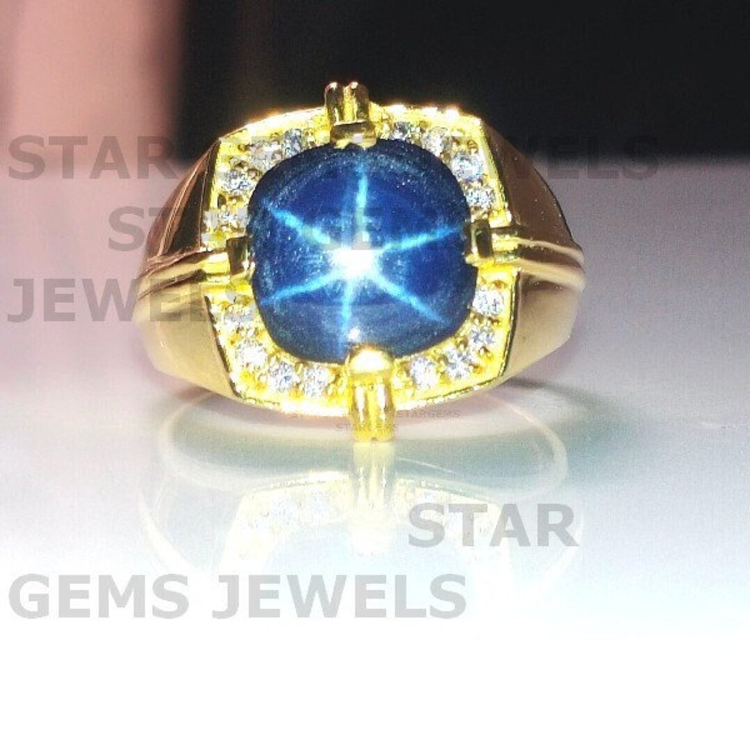 Linde Star Sapphire Ring 14k Gold Platted Silver Ring 10mm Cushion Blue ...