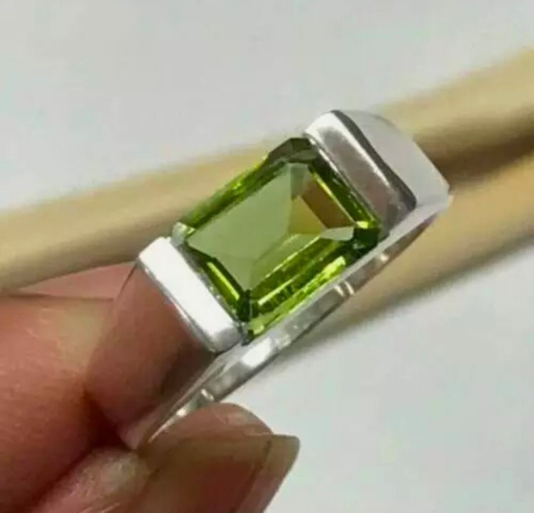 Green Peridot Men's Ring 925 Sterling Silver Ring Peridot Octagon Lab ...